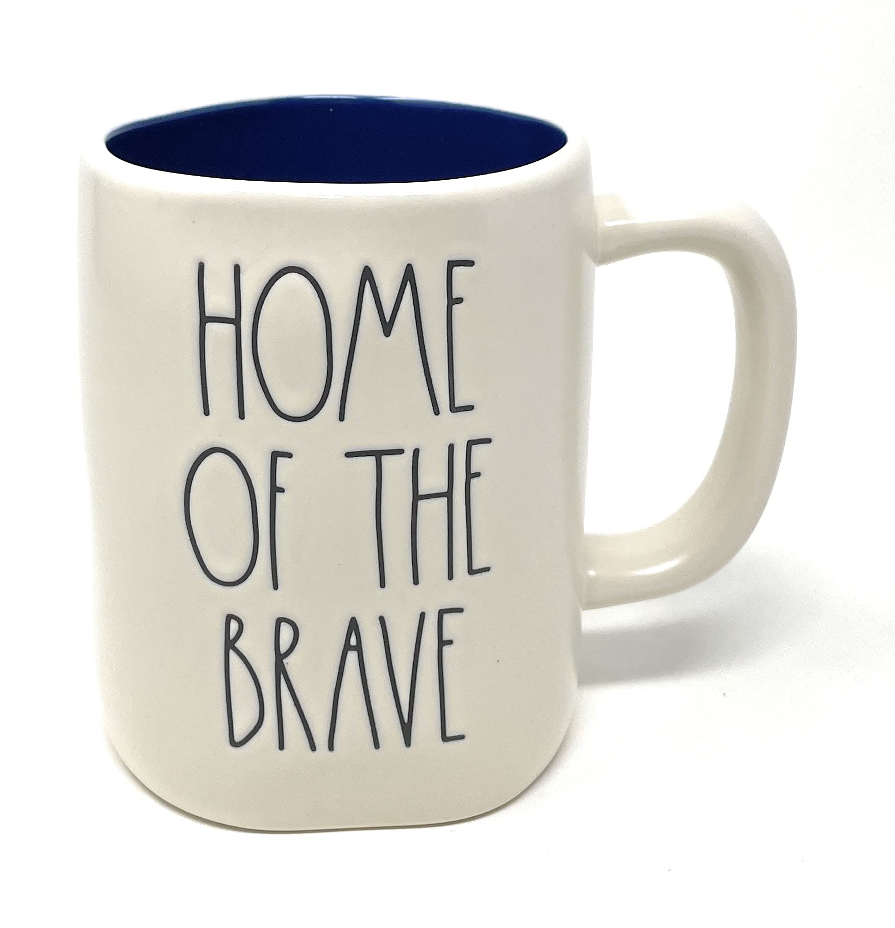 Rae Dunn HOME OF THE BRAVE Matte White Ceramic Coffee Tea Mug With Black Letters And Blue Interior