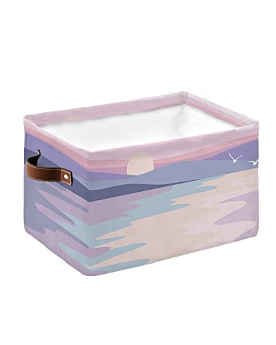 Landscape Storage Bins for Organizing, Decorative Large Closet Organizers with Handles Cubes - 1 Pack Fabric Baskets for Shelves, Closets, Laundry, Nursery, Ocean Sunset Scenery Modern Art Purple