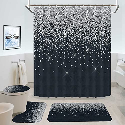 TERSUM Silver Gray Bokeh Diamond Shower Curtain Set,4PCS Bathroom Sets with Shower Curtain and Bath Mat, Toilet Lid Cover and U Shaped Rugs,72"x72" Polyester Fabric Bathtub Curtain with Hooks SETGXTE2