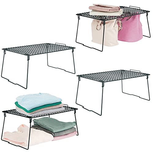 mDesign Metal Stackable Storage Shelf - Closet, Cabinet, Countertop 2-Tier Raised Organizer - for Bedrooms, Bathrooms, Entryways, Hallways - 17" x 12" x 8", 4 Pack - Black