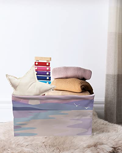 Landscape Storage Bins for Organizing, Decorative Large Closet Organizers with Handles Cubes - 1 Pack Fabric Baskets for Shelves, Closets, Laundry, Nursery, Ocean Sunset Scenery Modern Art Purple