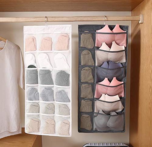Closet Hanging Organizer with Mesh Pockets & Rotating Metal Hanger,Dual Sided Wall Shelf Wardrobe Storage Bags,Oxford Cloth Space Saver Bag for Bra Underwear Underpants Socks(white,30 Pocket)