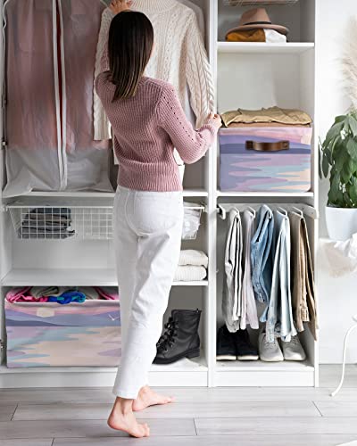 Landscape Storage Bins for Organizing, Decorative Large Closet Organizers with Handles Cubes - 1 Pack Fabric Baskets for Shelves, Closets, Laundry, Nursery, Ocean Sunset Scenery Modern Art Purple
