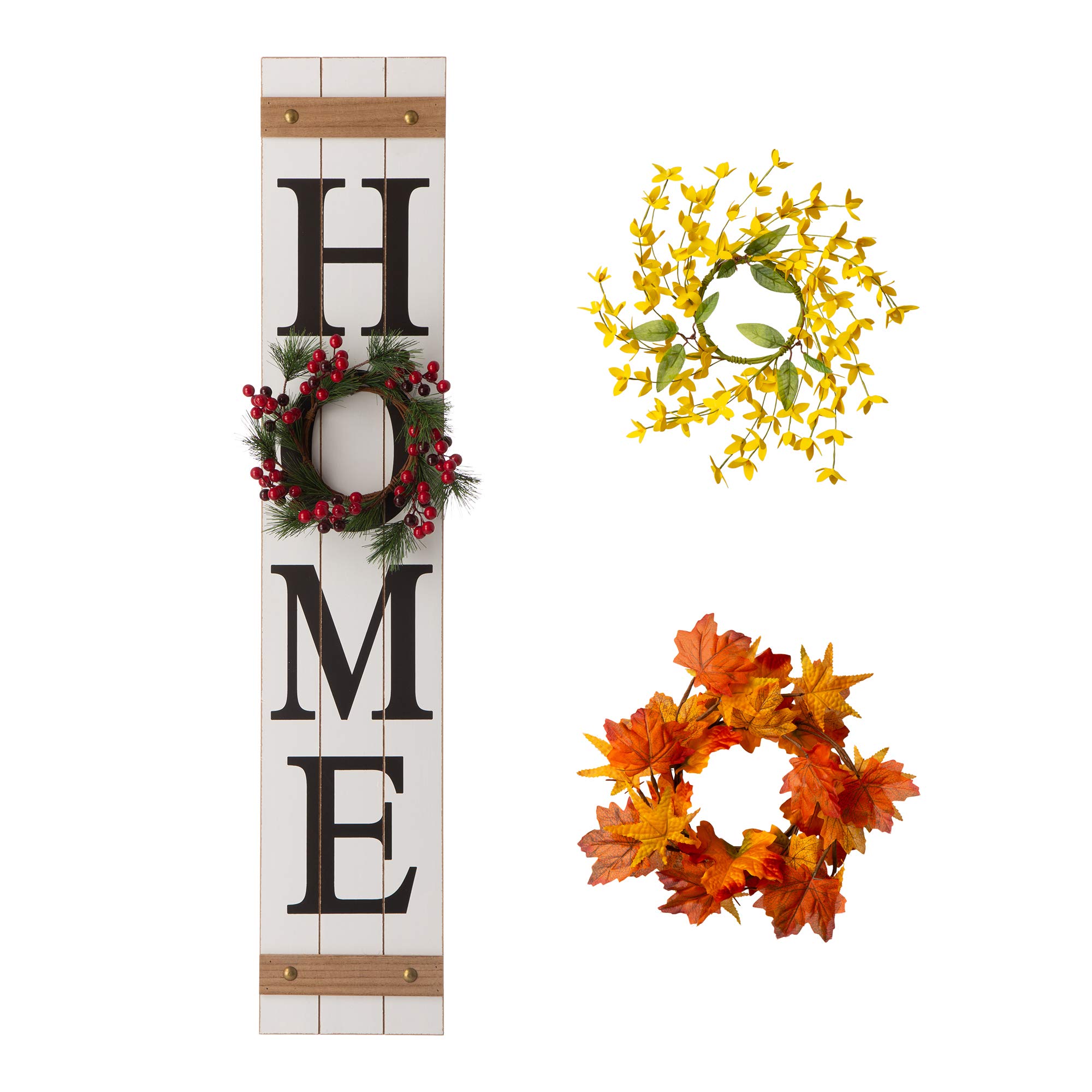 Glitzhome JK44369 Wooden Rustic Farmhouse Wall Hanging Porch Decor with 3 Changeable Floral Wreath, 42”H, Home Welcome Sign for Front Door, Rectangular, White