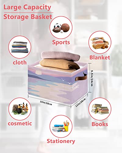 Landscape Storage Bins for Organizing, Decorative Large Closet Organizers with Handles Cubes - 1 Pack Fabric Baskets for Shelves, Closets, Laundry, Nursery, Ocean Sunset Scenery Modern Art Purple