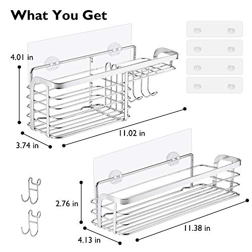 Lagute 2-Pack Shower Caddy, Combined Bathroom Shelf with Soap Dish and Hooks for Razor, Brush, Sponge, Shampoo, Wall Mounted Rustproof Deep Basket with Adhesive, No Drilling, SUS 304 Stainless Steel