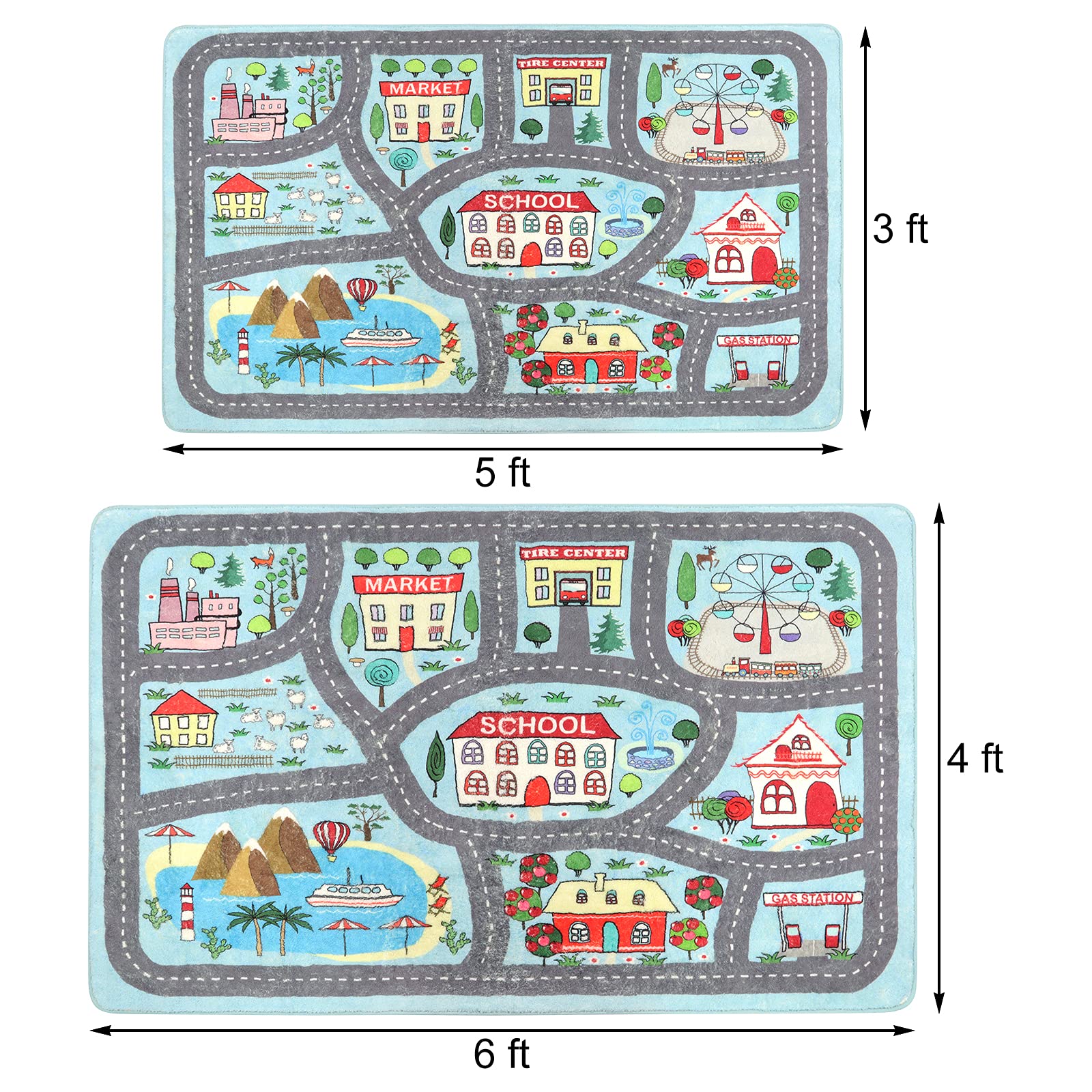 Playroom Rug Play Carpet 4’ x 6’, Blue Large Educational Children’s Play Mat, Learning & Have Fun Safely Non-Slip Washable Road Traffic Floor Area Carpet, Great for Kids Room Bedroom