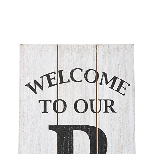 Glitzhome 42"H Wooden Welcome Porch Sign for Front Door with Cute Metal Hanging Planter, Washed White