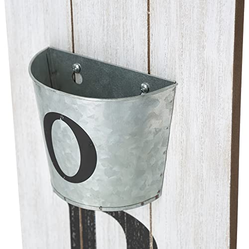 Glitzhome 42"H Wooden Welcome Porch Sign for Front Door with Cute Metal Hanging Planter, Washed White