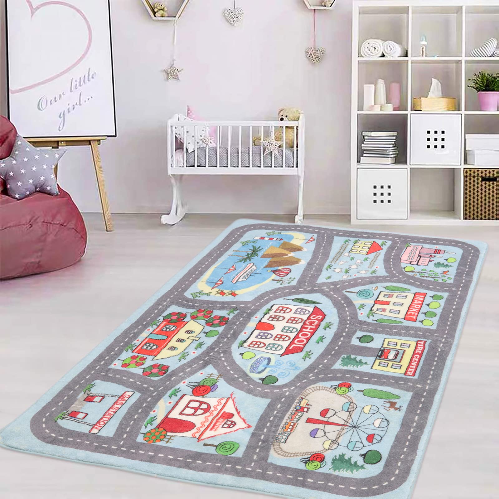 Playroom Rug Play Carpet 4’ x 6’, Blue Large Educational Children’s Play Mat, Learning & Have Fun Safely Non-Slip Washable Road Traffic Floor Area Carpet, Great for Kids Room Bedroom