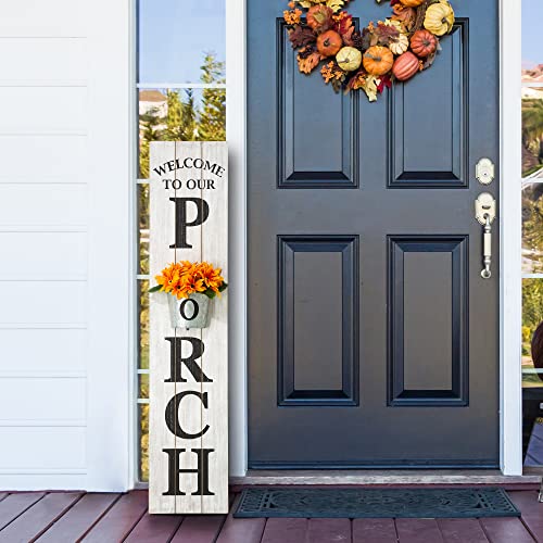 Glitzhome 42"H Wooden Welcome Porch Sign for Front Door with Cute Metal Hanging Planter, Washed White