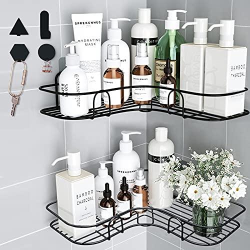 Huryfox Corner Shower Caddy Bathroom Organizer Shower Shelf with Hooks, Adhesive Shower Shelves, Wall Mounted Shampoo Holder, 2 Pack Shower Racks for Inside Shower, Black