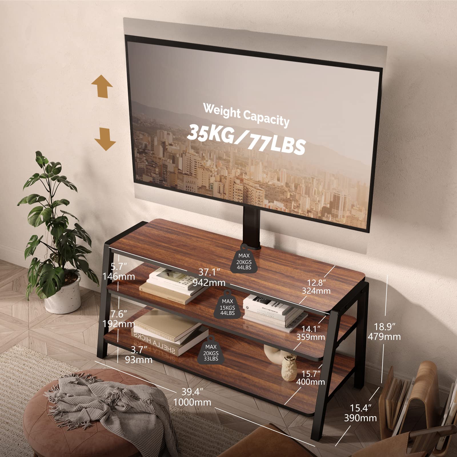 FITUEYES 3-Tier Floor TV Stand for 37-70 Inch TVs Entertainment Center Stand with Storage-Height Adjustable TV Console Stands with Walnut Board & Cable Management, VESA 600x400mm