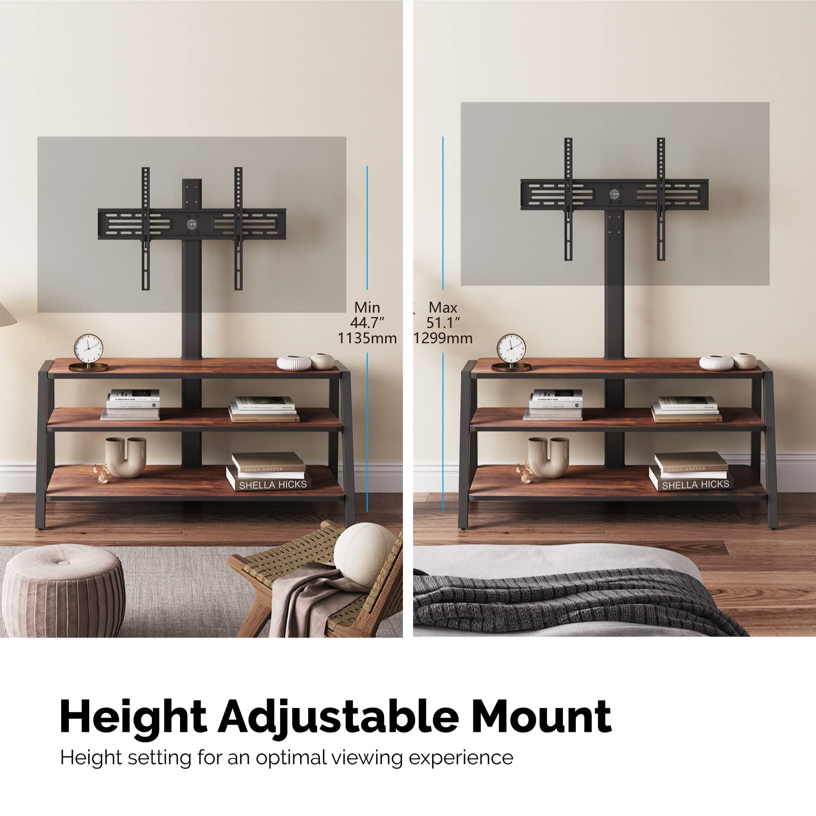 FITUEYES 3-Tier Floor TV Stand for 37-70 Inch TVs Entertainment Center Stand with Storage-Height Adjustable TV Console Stands with Walnut Board & Cable Management, VESA 600x400mm