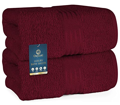 Oxycott Luxurious 600 GSM Set of 2 Bath Sheets 100% Ring Spun Cotton - Hotel Quality Bath Sheet Towels for Adults - Soft Absorbent Quick Dry Extra Large Bath Sheet for Bathroom - 35x68 Burgundy Red