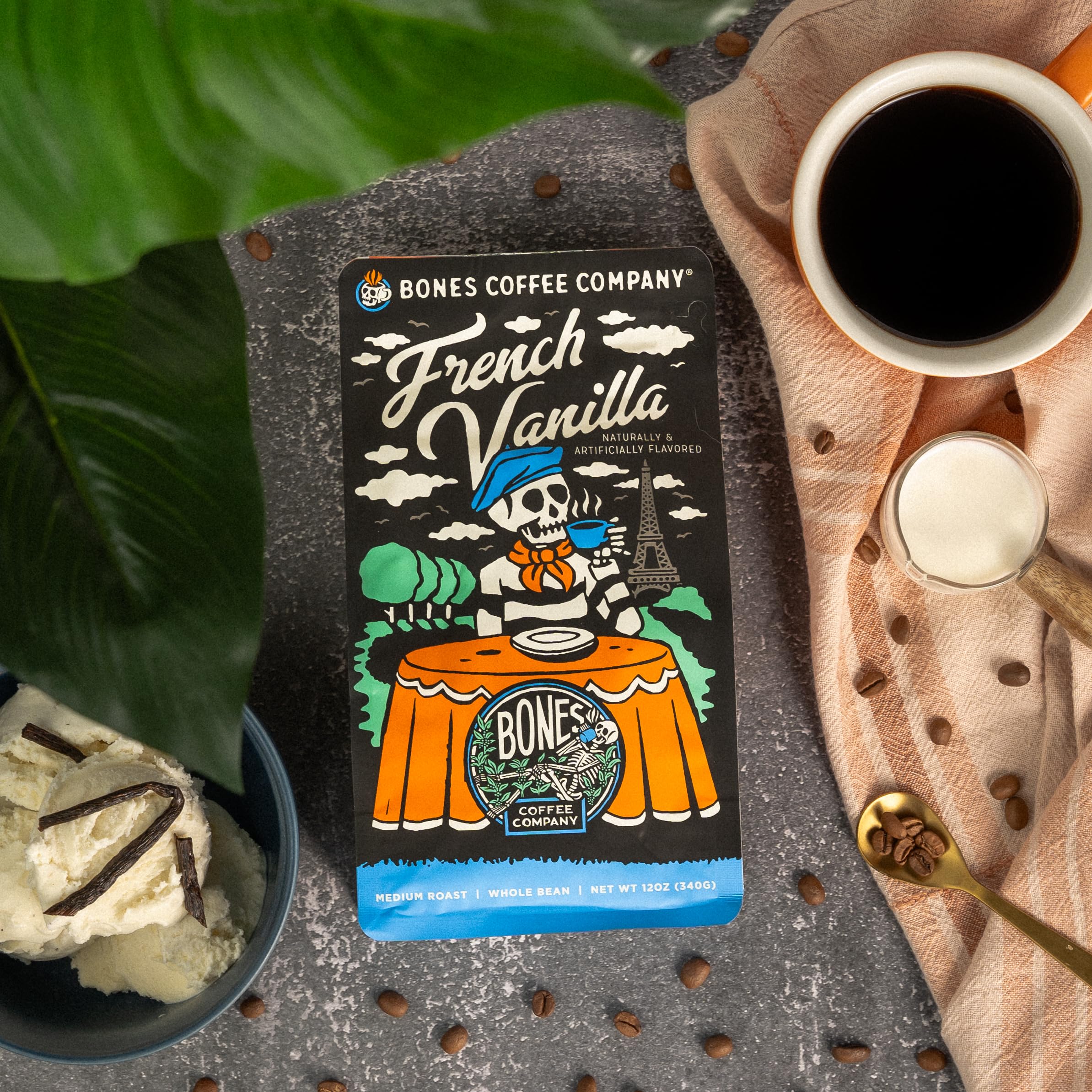 Bones Coffee Company French Vanilla Flavored Coffee Beans, Medium Roast Ground Coffee Low Acid, Creamy Vanilla Flavor (12 oz)