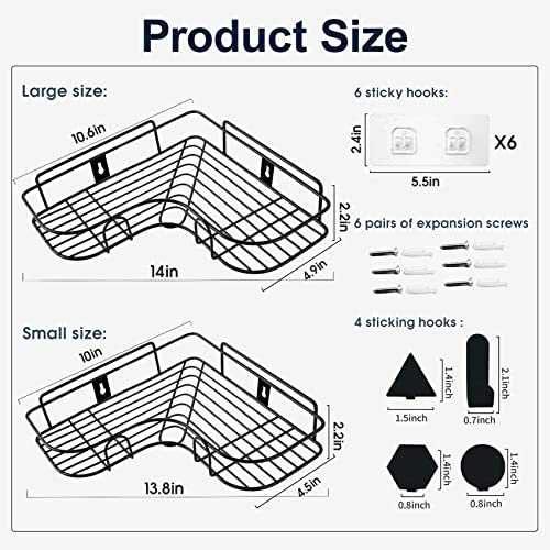 Huryfox Corner Shower Caddy Bathroom Organizer Shower Shelf with Hooks, Adhesive Shower Shelves, Wall Mounted Shampoo Holder, 2 Pack Shower Racks for Inside Shower, Black
