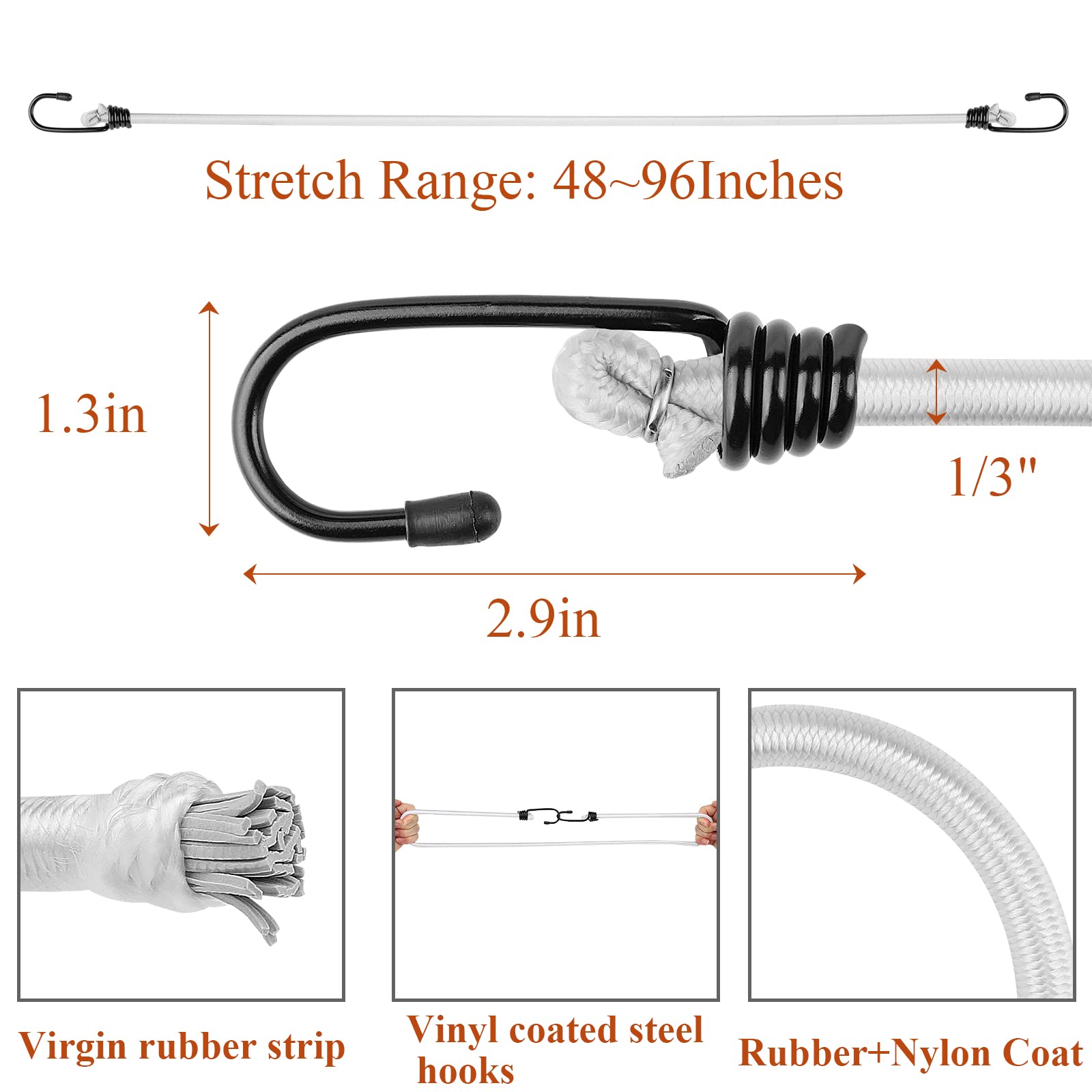 ZHOUBIN 48 inch White Bungee Cords with Hooks, 2 Pack