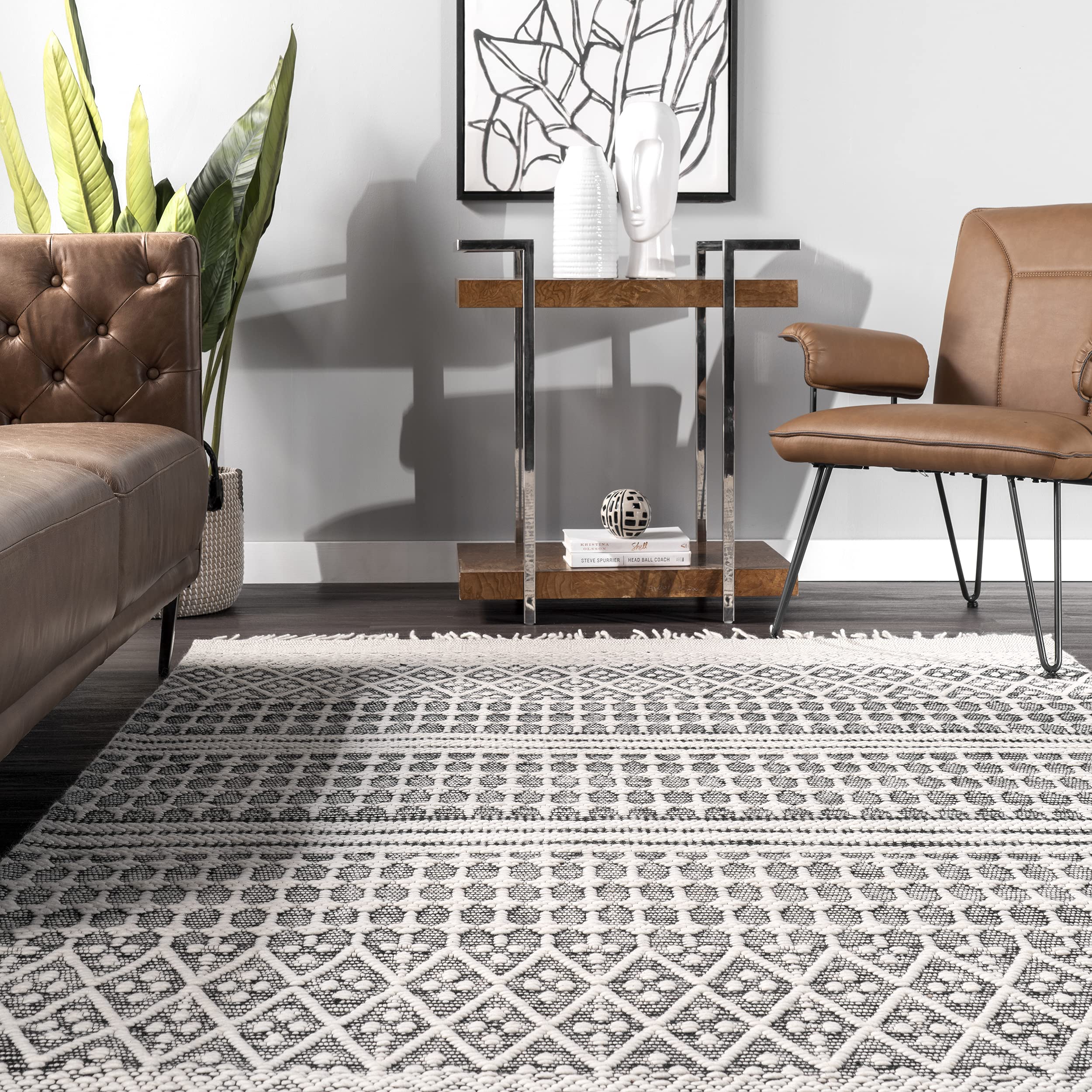 nuLOOM Esther Hand Loomed Textured Wool Tassel Area Rug, 8x10, Grey