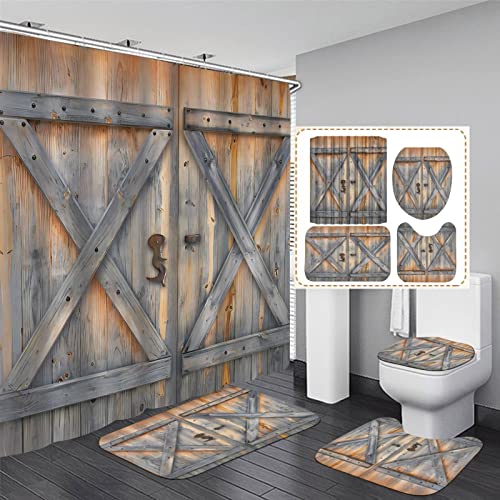 4Pcs Rustic Barn Door Shower Curtain Sets Wooden Gate Farmhouse Bathroom Set Decor with Non-Slip Rugs Bath U-Shaped Mat Toilet Lid Cover Country Bathroom Curtains Shower Set with 12 Hooks, 70.8×70.8