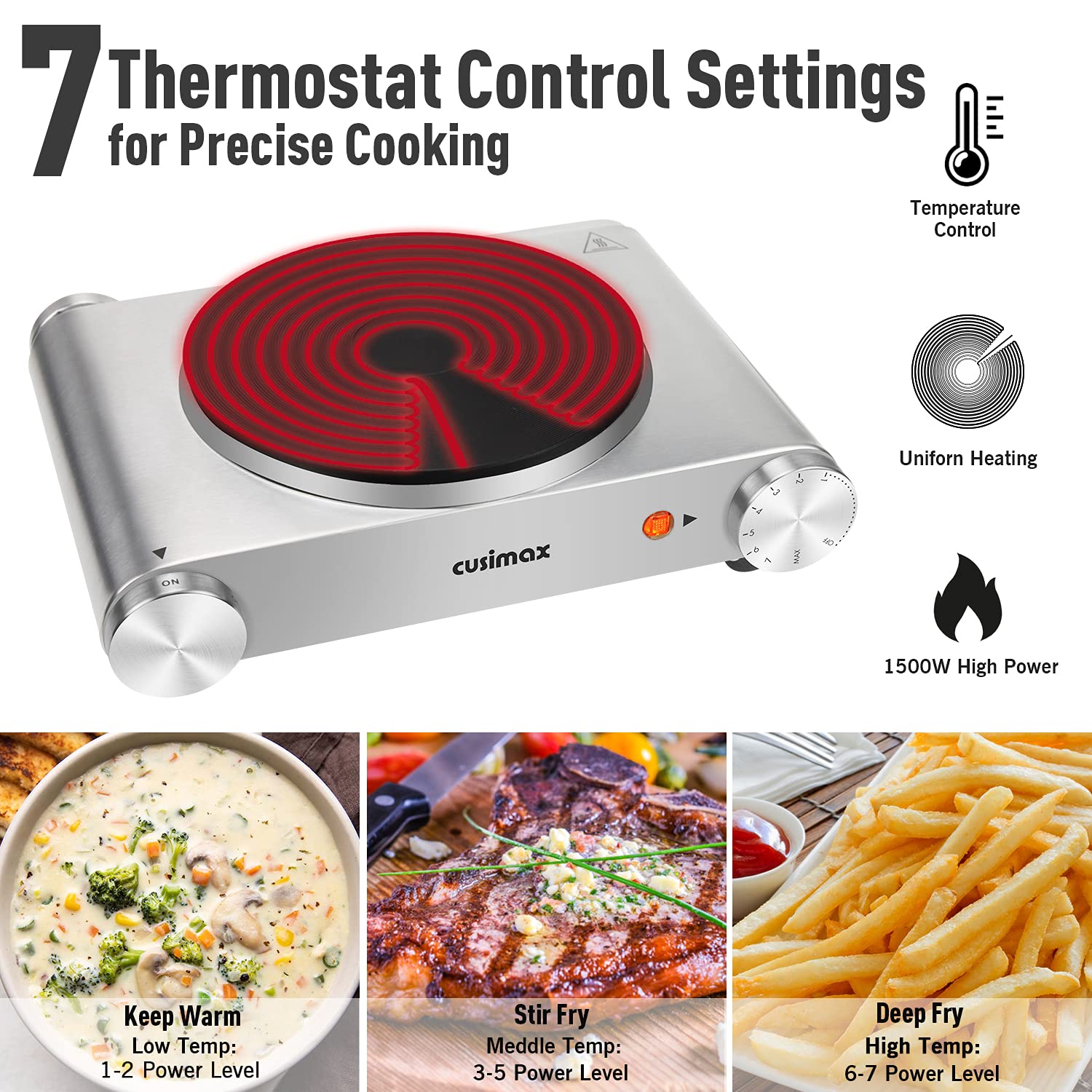 Cusimax Hot Plate Electric Burner Single Burner Cast Iron hot plates for cooking Portable Burner 1500W with Adjustable Temperature Control Stainless Steel Non-Slip Rubber Feet, Upgraded Version
