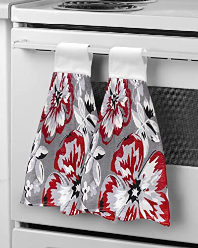 Kitchen Towels with Hanging Loop 2 Pack, Blooming Vintage Flowers Soft Absorbent Hand Towels for Bathroom Bar Home Decor Red Gray Dish Towels Reusable Washable Cleaning Cloth