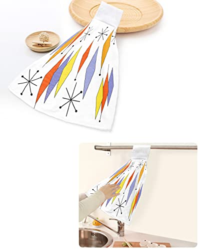 Orange Yellow Purple Kitchen Hand Towel, Soft Hanging Dish Towels with Loop for Bathroom, Absorbent Drying Cleaning Cloth Dishclothes Decorative Sets, Middle Century Modern Geometric Diamond 1-PC