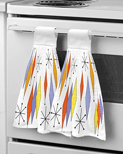 Orange Yellow Purple Kitchen Hand Towel, Soft Hanging Dish Towels with Loop for Bathroom, Absorbent Drying Cleaning Cloth Dishclothes Decorative Sets, Middle Century Modern Geometric Diamond 1-PC