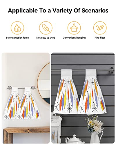 Orange Yellow Purple Kitchen Hand Towel, Soft Hanging Dish Towels with Loop for Bathroom, Absorbent Drying Cleaning Cloth Dishclothes Decorative Sets, Middle Century Modern Geometric Diamond 1-PC