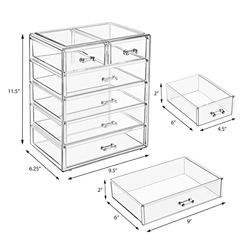 Sorbus Acrylic Clear Makeup Organizer - Big & Spacious Cosmetic Display Case - Stylish Designed Jewelry & Make Up Organizers and Storage for Vanity, Bathroom (4 Large, 2 Small Drawers)