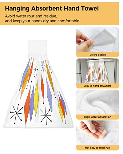 Orange Yellow Purple Kitchen Hand Towel, Soft Hanging Dish Towels with Loop for Bathroom, Absorbent Drying Cleaning Cloth Dishclothes Decorative Sets, Middle Century Modern Geometric Diamond 1-PC