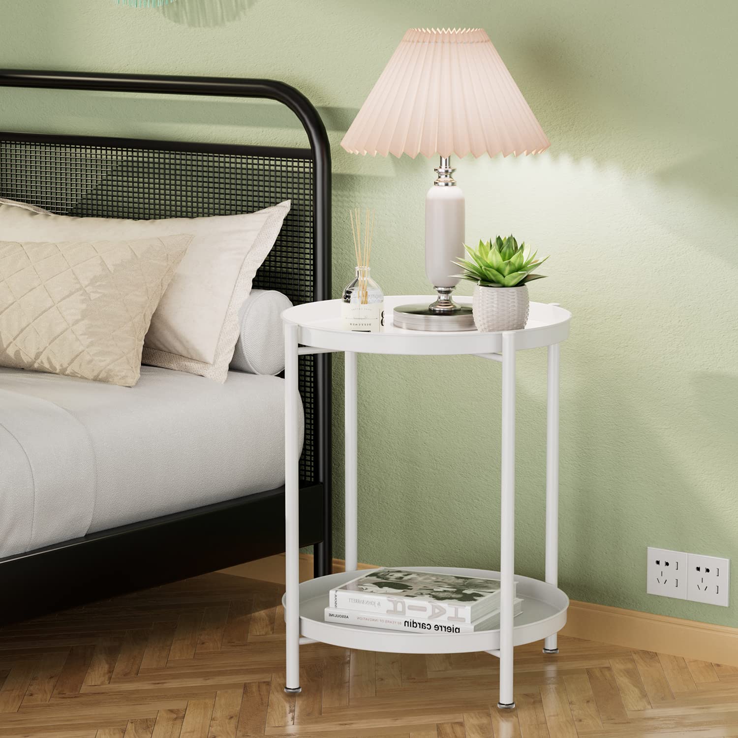 OVICAR Round Side Table - 2 Tiers End Table Metal Coffee Table Small Sofa Side Table Outdoor Indoor Accent Table Nightstand Waterproof Removable Tray Table for Living Room Bedroom Balcony White