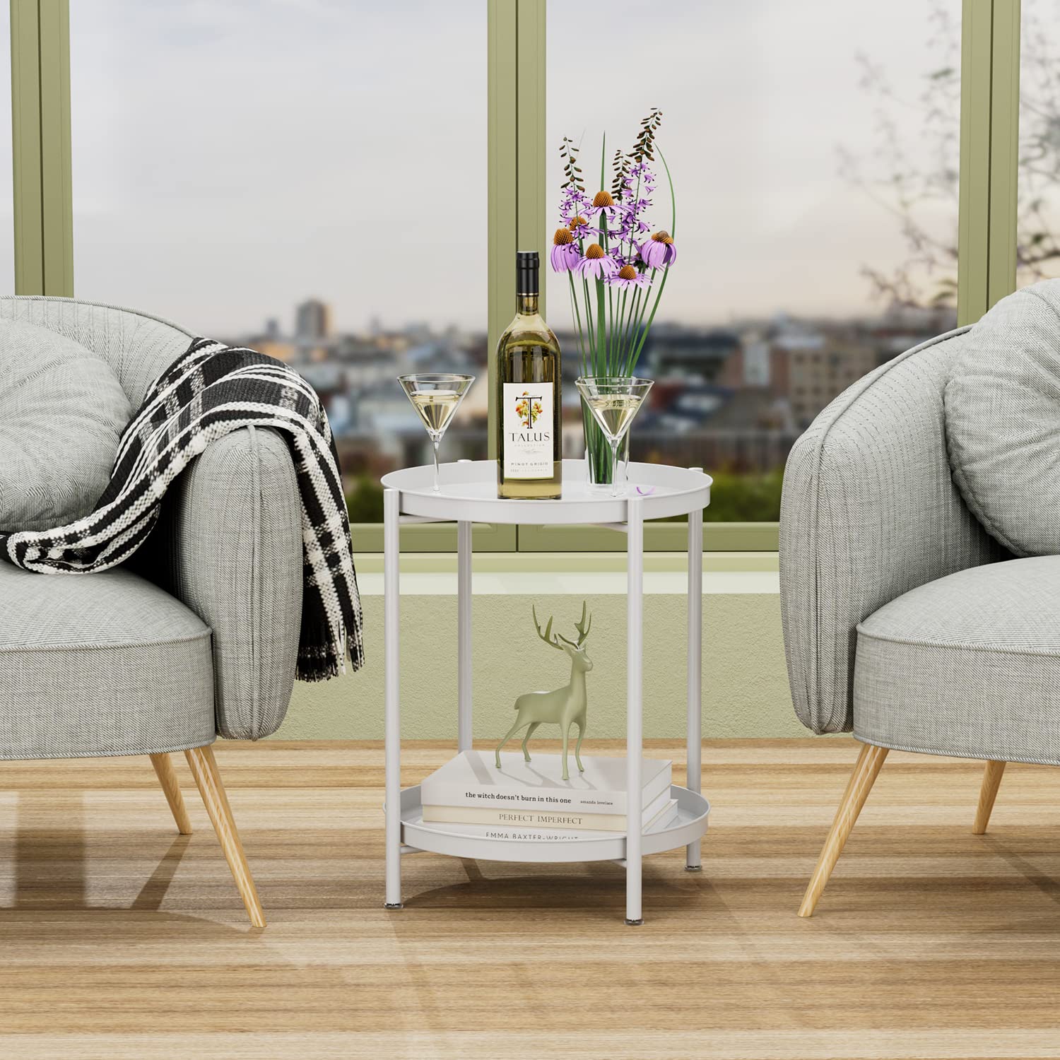 OVICAR Round Side Table - 2 Tiers End Table Metal Coffee Table Small Sofa Side Table Outdoor Indoor Accent Table Nightstand Waterproof Removable Tray Table for Living Room Bedroom Balcony White