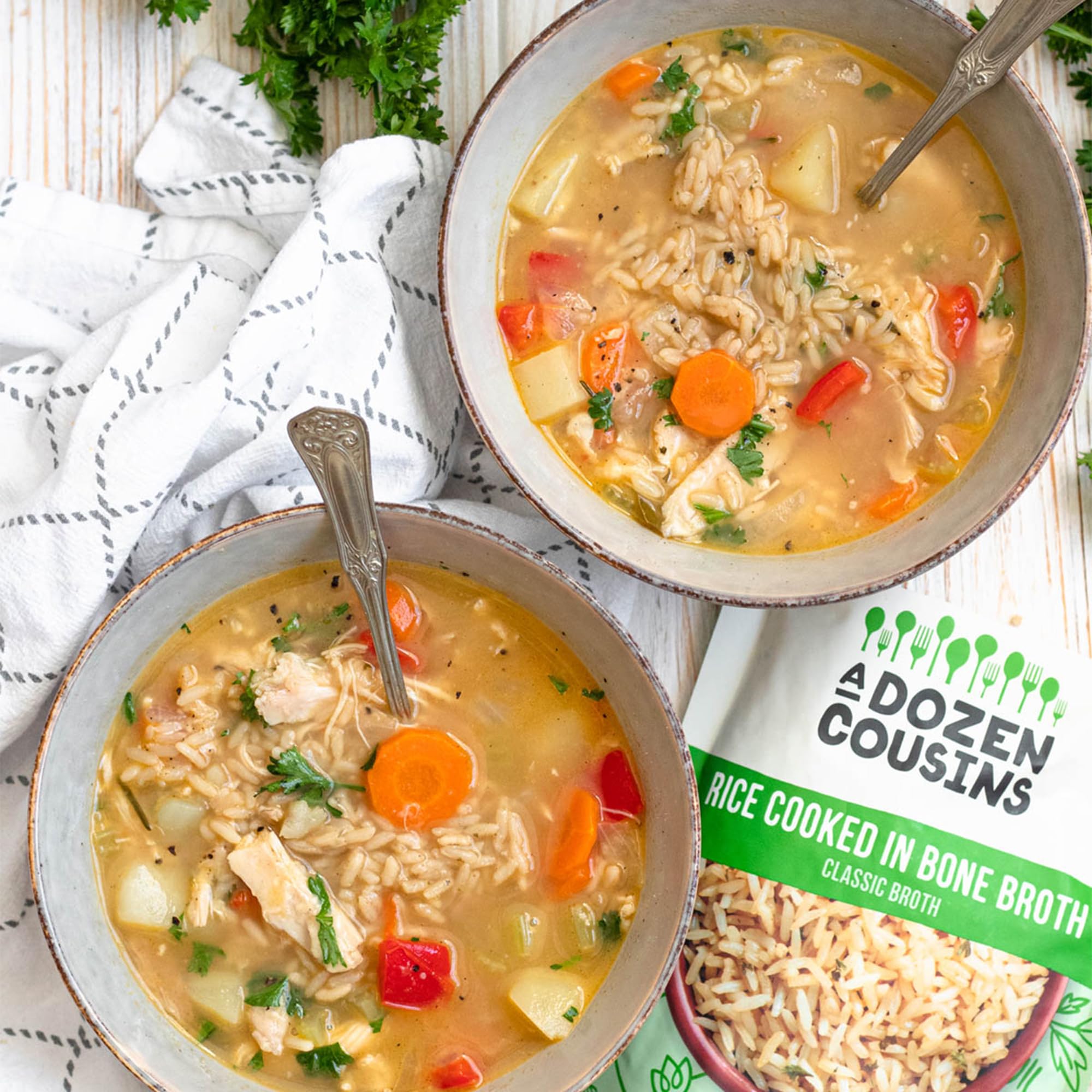 A Dozen Cousins Rice Cooked in Bone Broth Microwaveable Rice Packets | 7g Protein | Contains Collagen (Classic Chicken Broth, 8 Pack)
