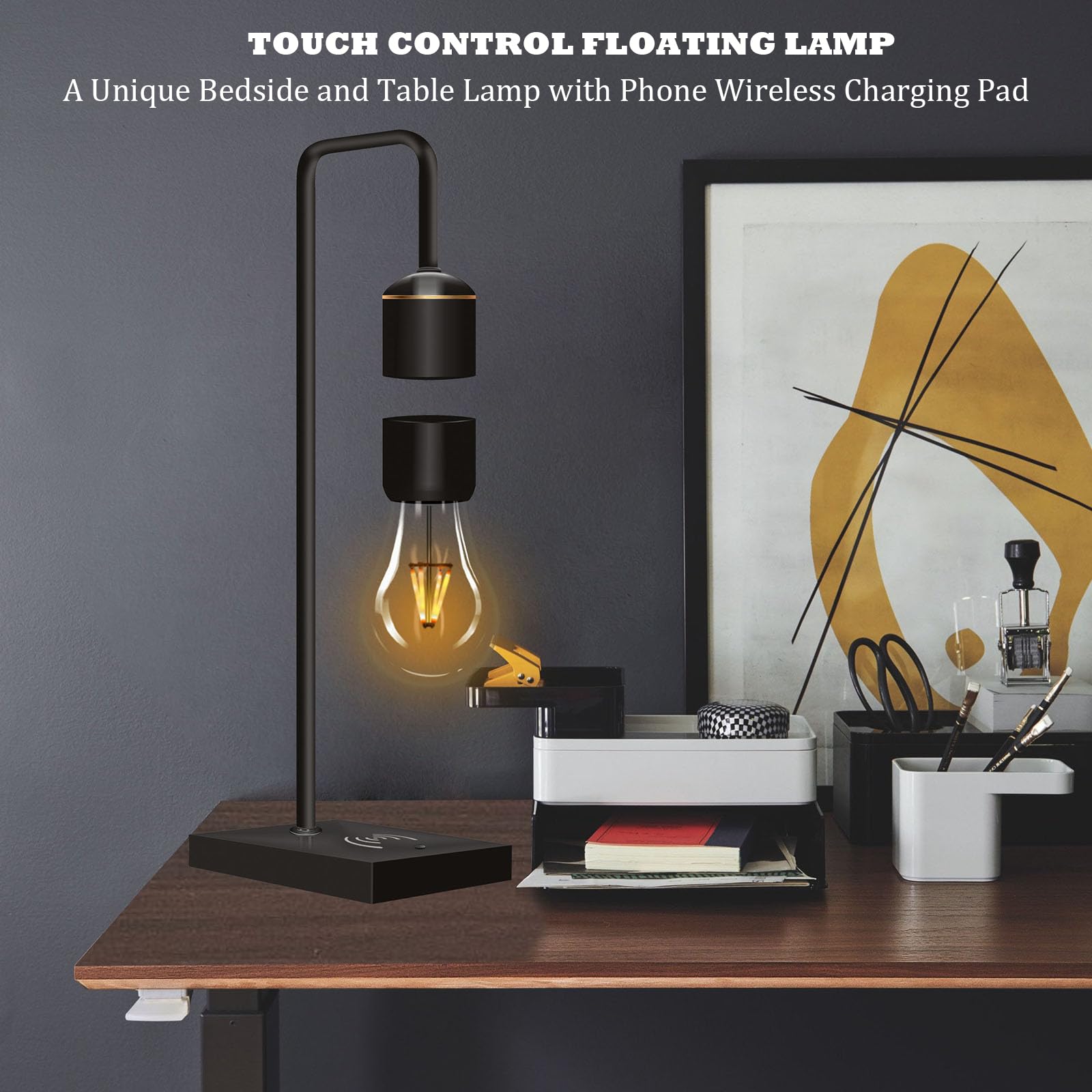 Floatidea Magnetic Levitating Light Bulb with Luxury Wireless Charging Pad (Apple/Android) Levitation Plastic Black Floating Table Lamp White LED Night Light for Bedrooms Desk Toys Office Gifts