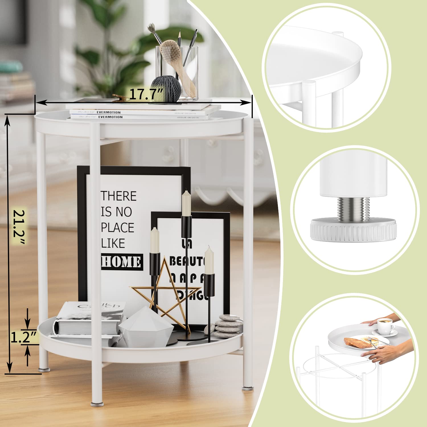 OVICAR Round Side Table - 2 Tiers End Table Metal Coffee Table Small Sofa Side Table Outdoor Indoor Accent Table Nightstand Waterproof Removable Tray Table for Living Room Bedroom Balcony White
