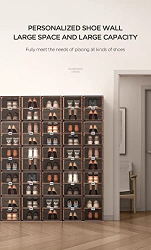 Foldable Shoe Rack Cabinet Organizer with Pocket and Storage, Portable Shoe Rack for Entry Way, Shoe Boxes, Fast Easy Assemble Shoe Cabinet, One Piece Sturdy Plastic Shelf, Clear Brown Doors, 6 Tiers