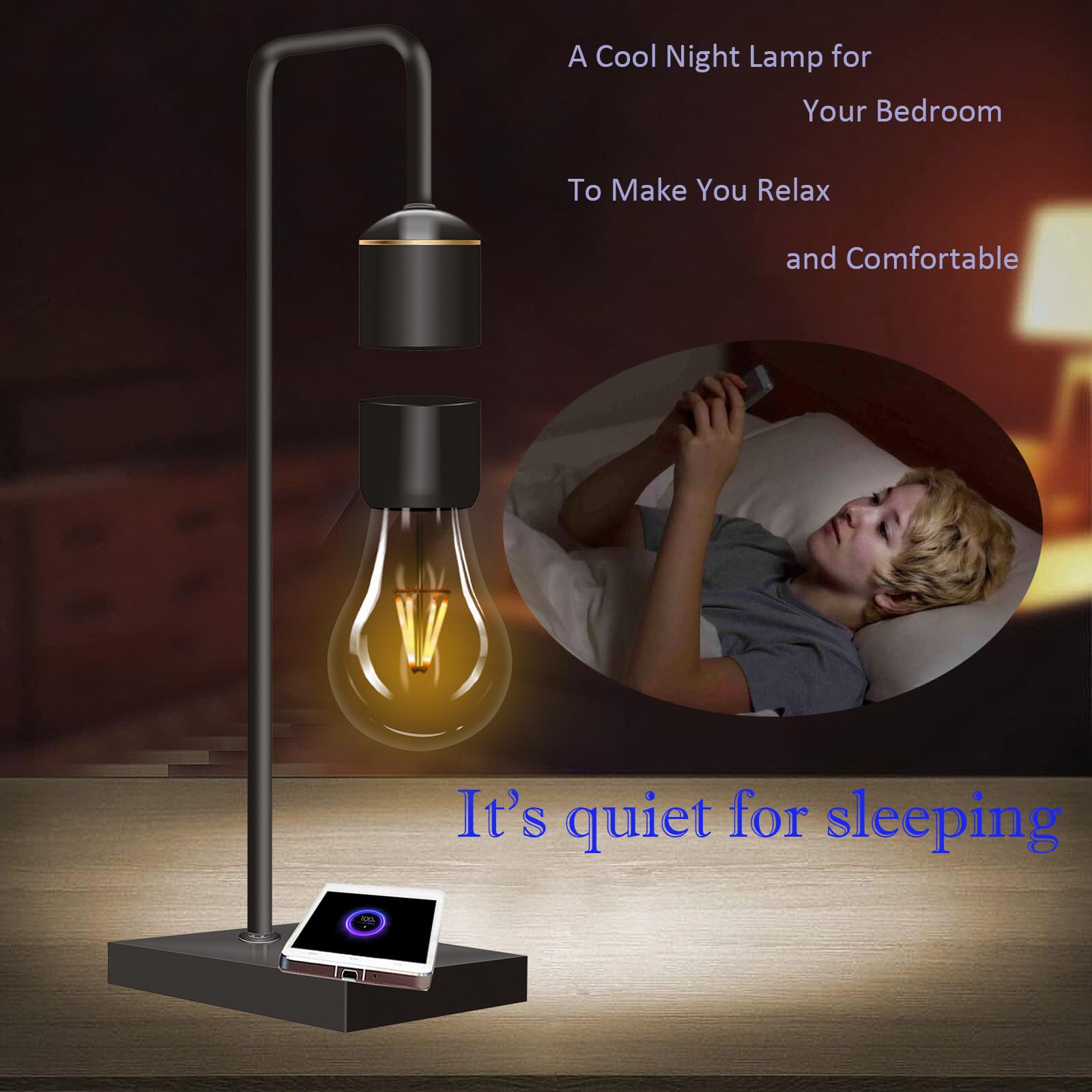 Floatidea Magnetic Levitating Light Bulb with Luxury Wireless Charging Pad (Apple/Android) Levitation Plastic Black Floating Table Lamp White LED Night Light for Bedrooms Desk Toys Office Gifts