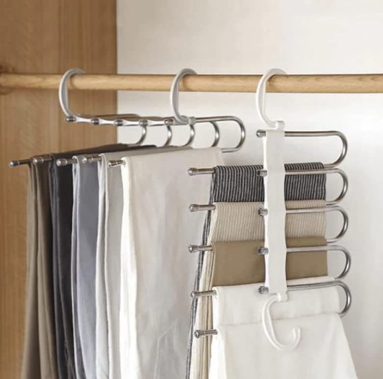 5 in 1 Stainless Steel Pants Hanger, Folding Storage Rack Trousers Hanger (White)