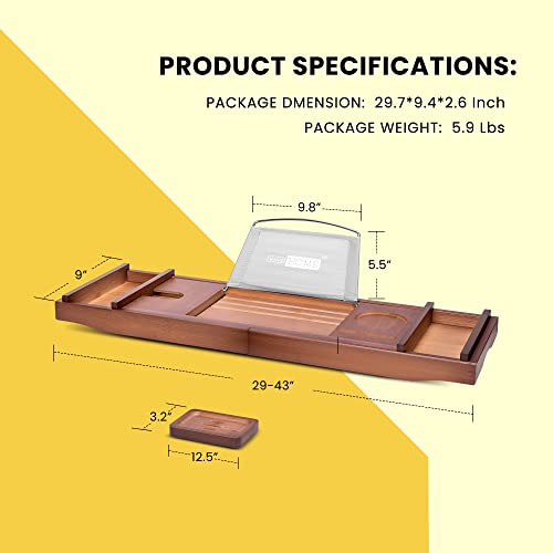 VIVOHOME Expandable 43 Inch Bamboo Bathtub Caddy Tray with Smartphone Tablet Book Holders, Soap Tray, Wine Glass Slot, Brown