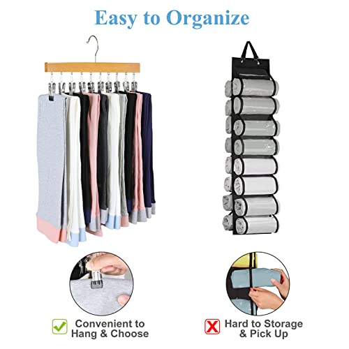 Resovo Upgrade Legging Organizer, 2 Pack Wooden Legging Storage Organizer Space Saving 20 Metal Hooks Closet Organizer and Storage for Leggings, Pants, Skirts etc.