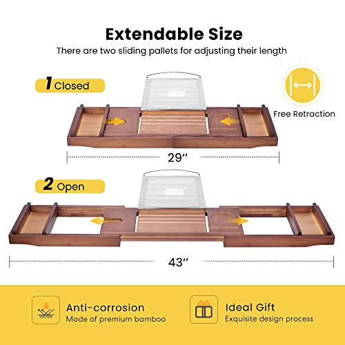 VIVOHOME Expandable 43 Inch Bamboo Bathtub Caddy Tray with Smartphone Tablet Book Holders, Soap Tray, Wine Glass Slot, Brown