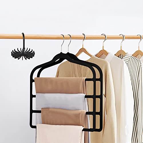Tinfol Velvet Pants Hanger Space Saving, 4pc Black Non-Silp Velvet Hangers with Hook, Multi Tier Ultra Thin Trousers Hangers, Closet Clothes Hangers Organizer Storage for Trousers, Scarves, Jeans