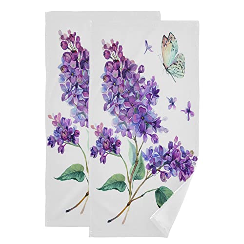 VIGTRO Watercolor Lilac Butterfly Hand Towels 2 Pack, Spring Bath Towels Ultra Soft and Highly Absorbent, Summer Flower Decorative Fingertip Towel for Home, Bathroom, Kitchen