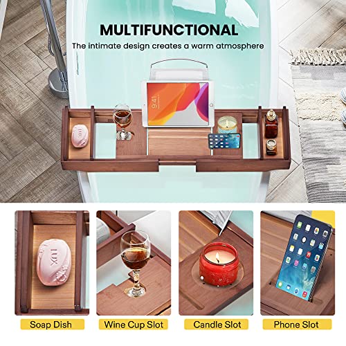 VIVOHOME Expandable 43 Inch Bamboo Bathtub Caddy Tray with Smartphone Tablet Book Holders, Soap Tray, Wine Glass Slot, Brown