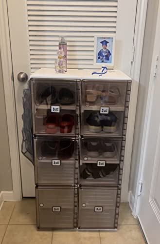 Foldable Shoe Rack Cabinet Organizer with Pocket and Storage, Portable Shoe Rack for Entry Way, Shoe Boxes, Fast Easy Assemble Shoe Cabinet, One Piece Sturdy Plastic Shelf, Clear Brown Doors, 6 Tiers