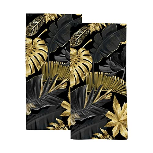 Hand Towels Set for Bathroom,Absorbent Dish Towels for Gym Spa,30"x15",Gold Black Tropical Leaf(2 PCS)