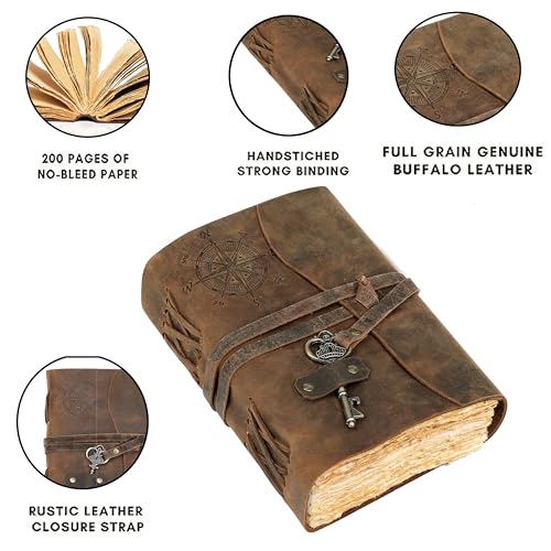 cuero Compass Vintage Leather Journal Antique Handmade Bound Journal with Deckle Edge Paper Diary Leather Sketchbook Drawing Journal Notebook Great Gift Men & Women (6X8 Inch)