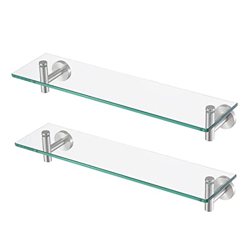 KES Bathroom Glass Shelf Rectangular 20-Inch Floating Glass Shelves 2 Pack with Rustproof Stainless Steel Brackets Wall Mounted Brushed Finish, A2021-2-P2