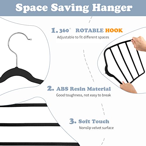 Tinfol Velvet Pants Hanger Space Saving, 4pc Black Non-Silp Velvet Hangers with Hook, Multi Tier Ultra Thin Trousers Hangers, Closet Clothes Hangers Organizer Storage for Trousers, Scarves, Jeans
